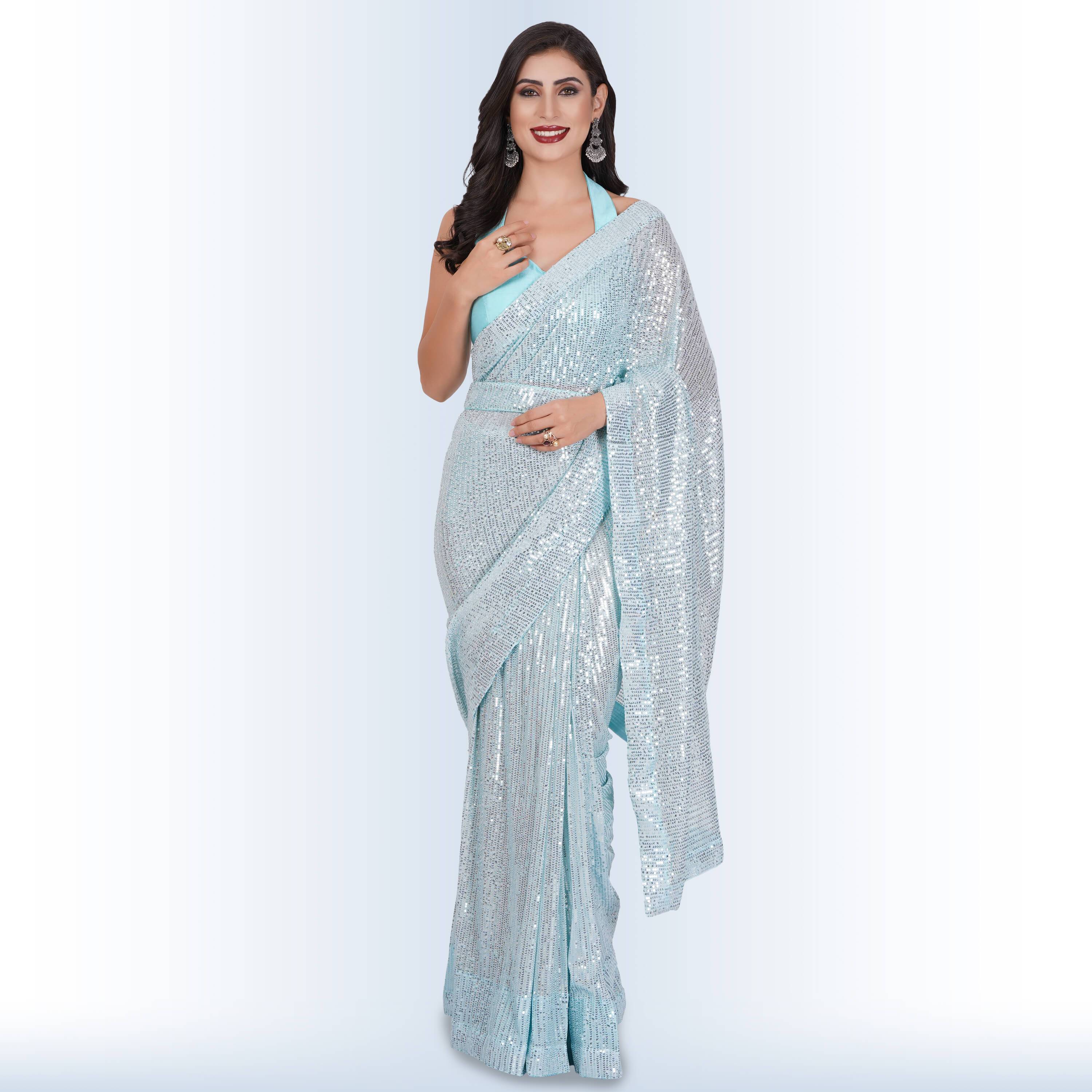 1 Minute Sequin Saree - Baby Blue | Chiro's By Jigyasa